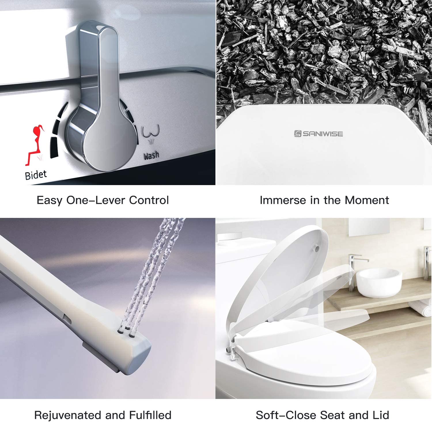 SANIWISE Non-electric Toilet Bidet Seat for Round Toilets, Self-Cleaning Dual Nozzles, Rear ...